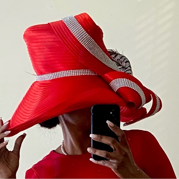 Accessories | Nwt Charm Ny Red Wide Brim Rhinestones Derby Cogic Church ...